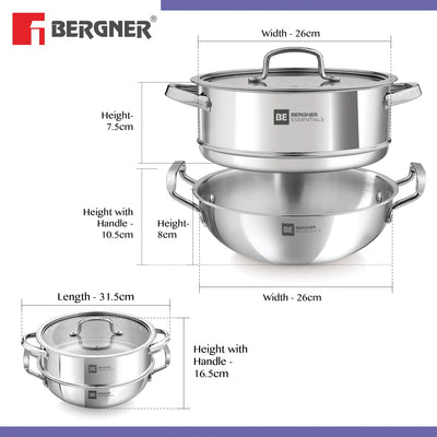 BE Essentials Tri-Ply Stainless Steel 3 Pcs Cookware Set