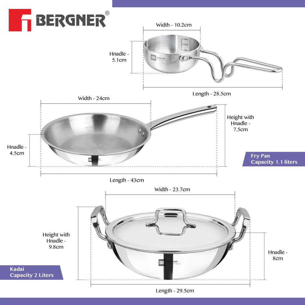 BE Essentials Tri-Ply Stainless Steel 4 Pcs Cookware Set