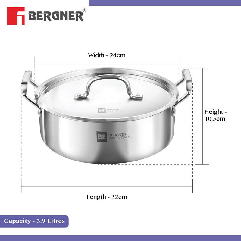 Bergner BE Essentials Tri-Ply Stainless Steel Shallow Biryani Pan with