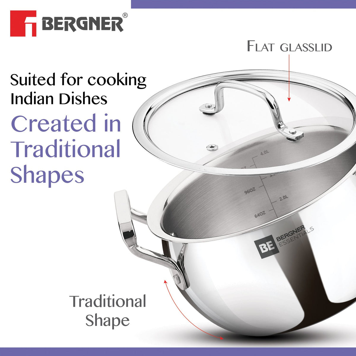 Bergner BE Essentials Tri-Ply Stainless Steel Rice Handi with Lid - In