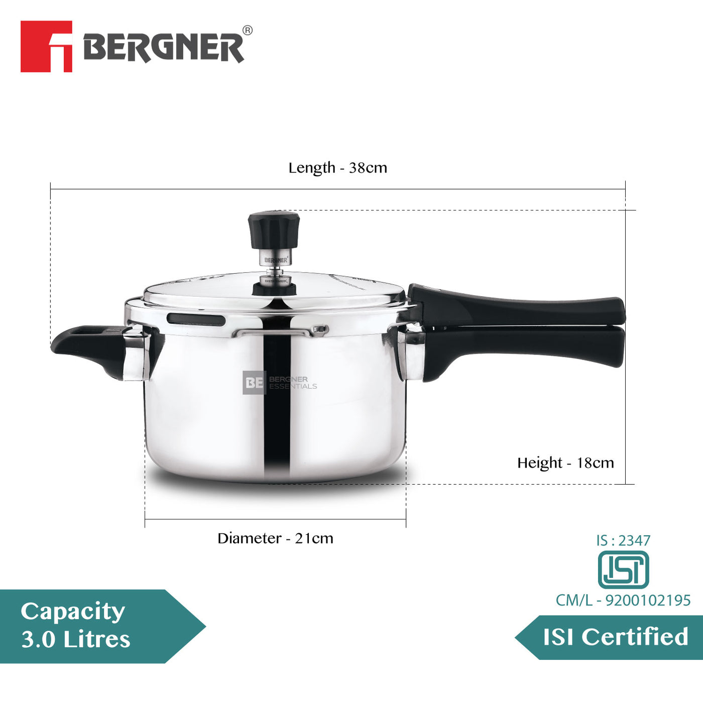 BE Essentials TriPro Tri-Ply Stainless Steel 3 L Outer Lid Pressure Co